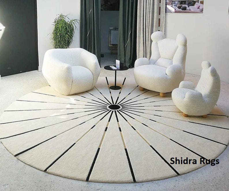 Black and White Hand Tufted Modern Indian Round Wool Rug for Home and ...