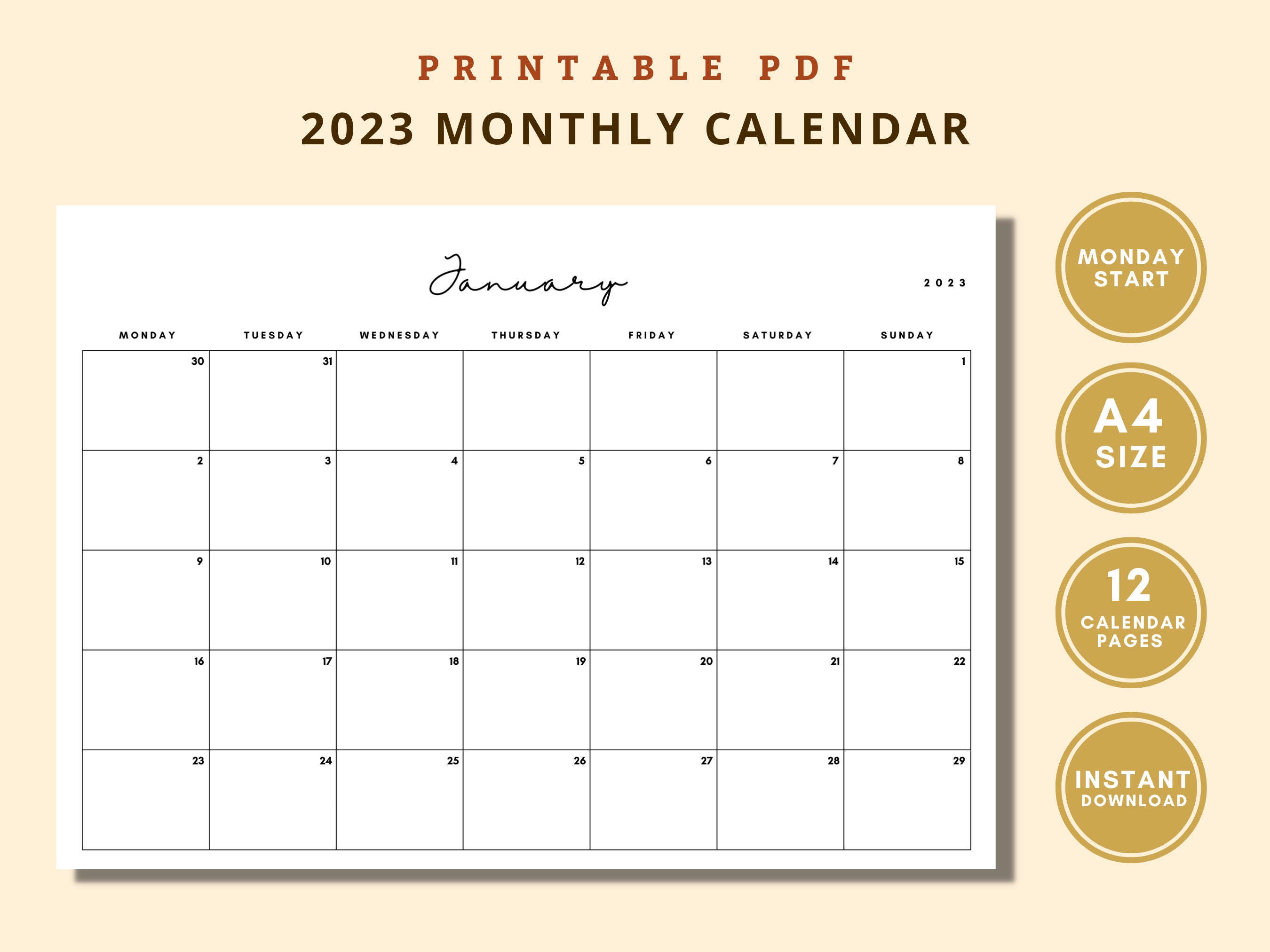 2023 Monthly Calendar, Landscape Calendar Template, Printable Calendar ...