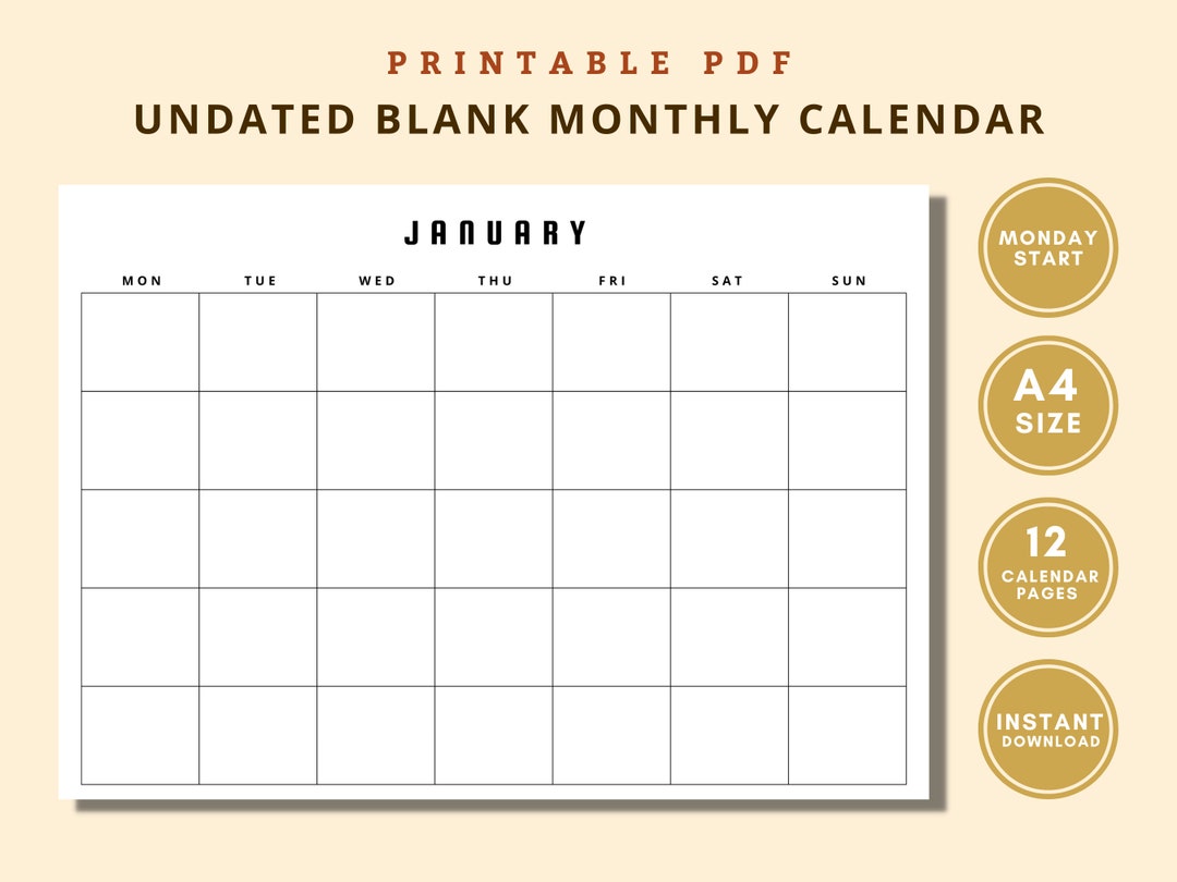 Undated Blank Monthly Calendar Landscape Template, Printable Blank ...