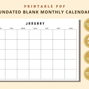 Undated Blank Monthly Calendar Landscape Template, Printable Blank ...