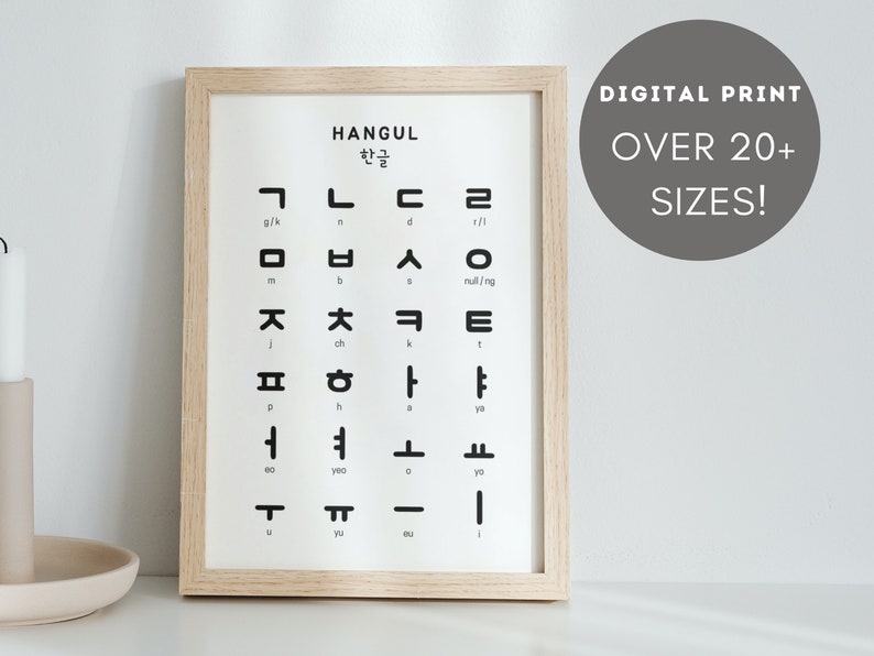 Korean Alphabet Hangul Poster, Korean Alphabet Wall Art, Black & White ...