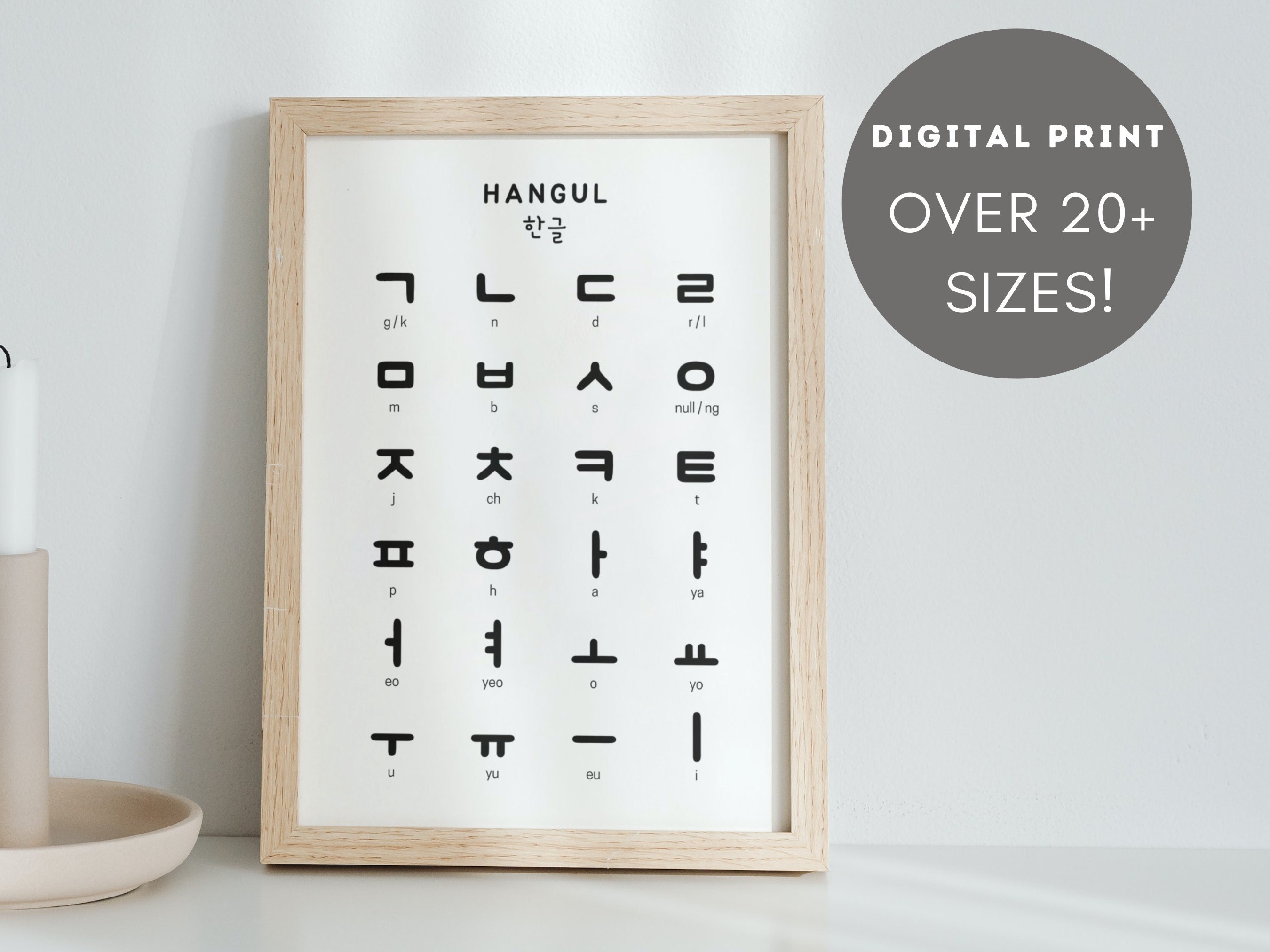 Korean Alphabet Hangul Poster, Korean Alphabet Wall Art, Black & White ...