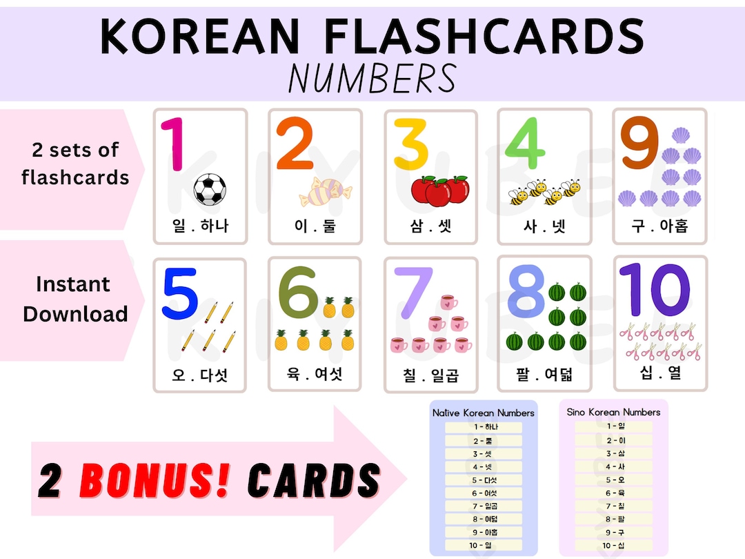 Korean Numbers Flashcards Printable Korean Flashcards Digital ...