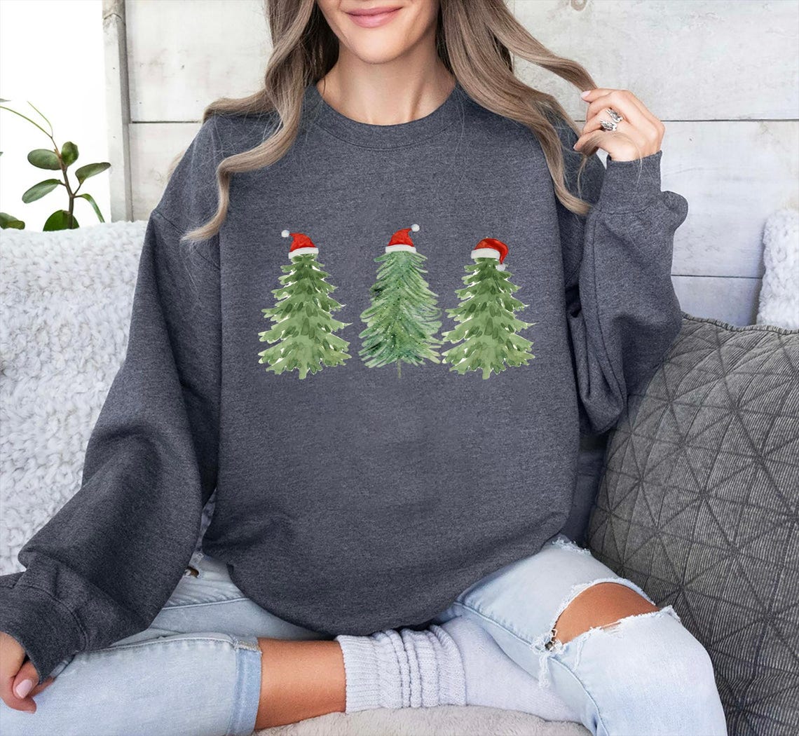 Christmas Trees With Santa Hat Sweatshirt, Merry and Bright Trees ...