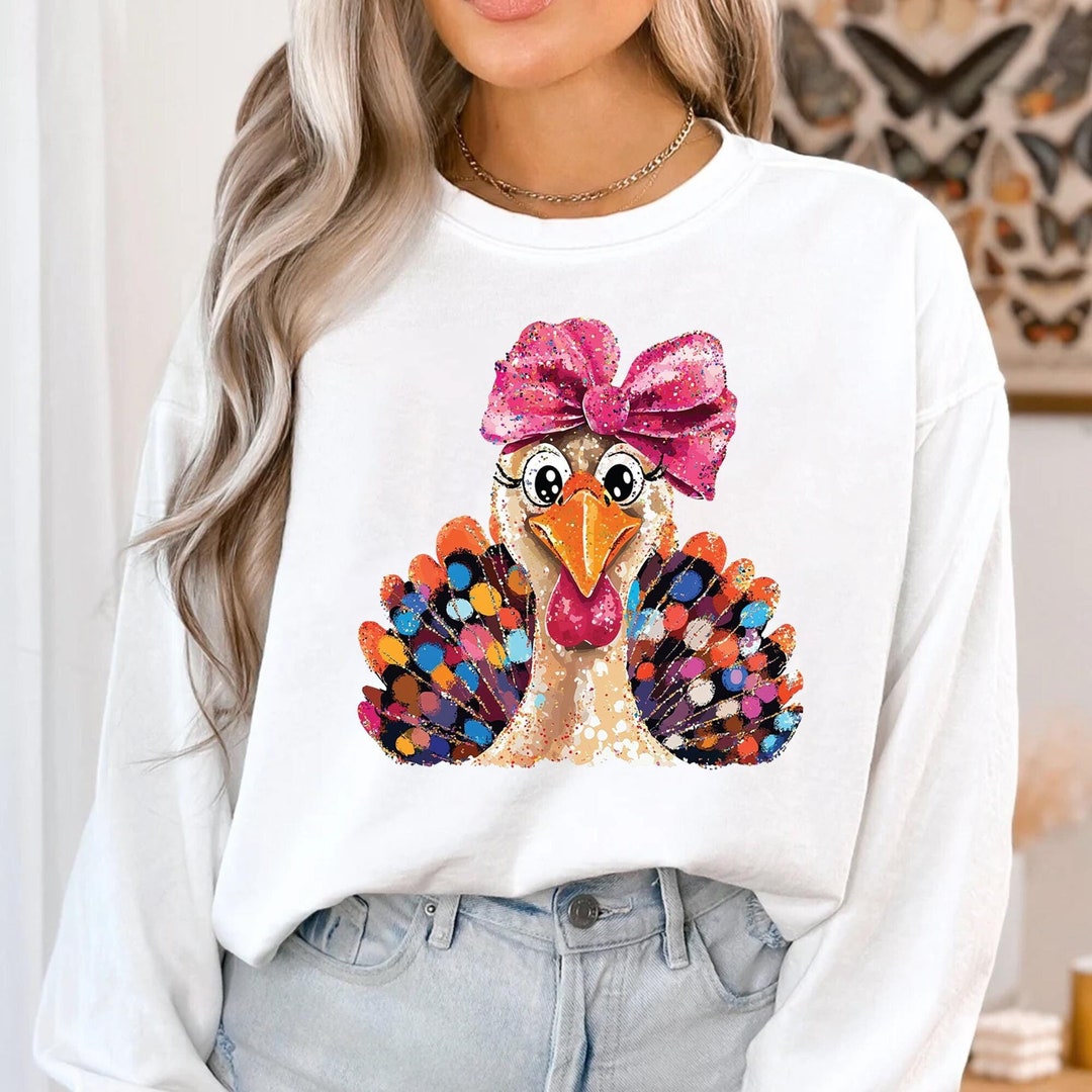 Colorful Non Glitter Coquette Turkey Shirt, Glitter Turkey Thanksgiving ...