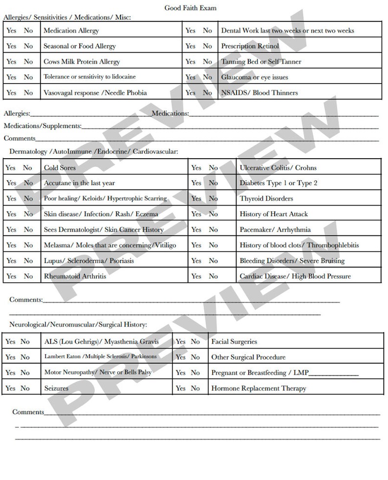 Neurotoxin/filler Injection Treatment Form + Good Faith Exam Template ...
