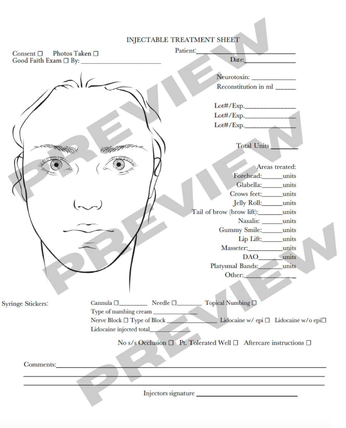 Neurotoxin-botox-filler- Injection Treatment Record Form PDF - Etsy