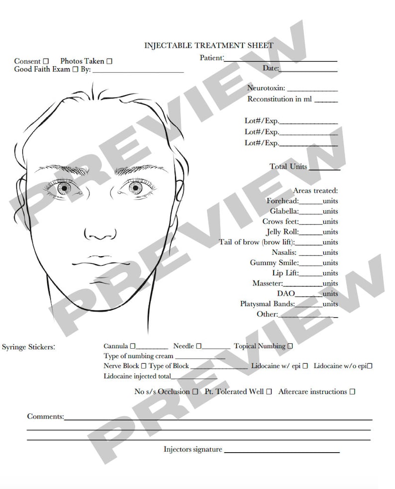 Neurotoxin-botox-filler- Injection Treatment Record Form PDF - Etsy