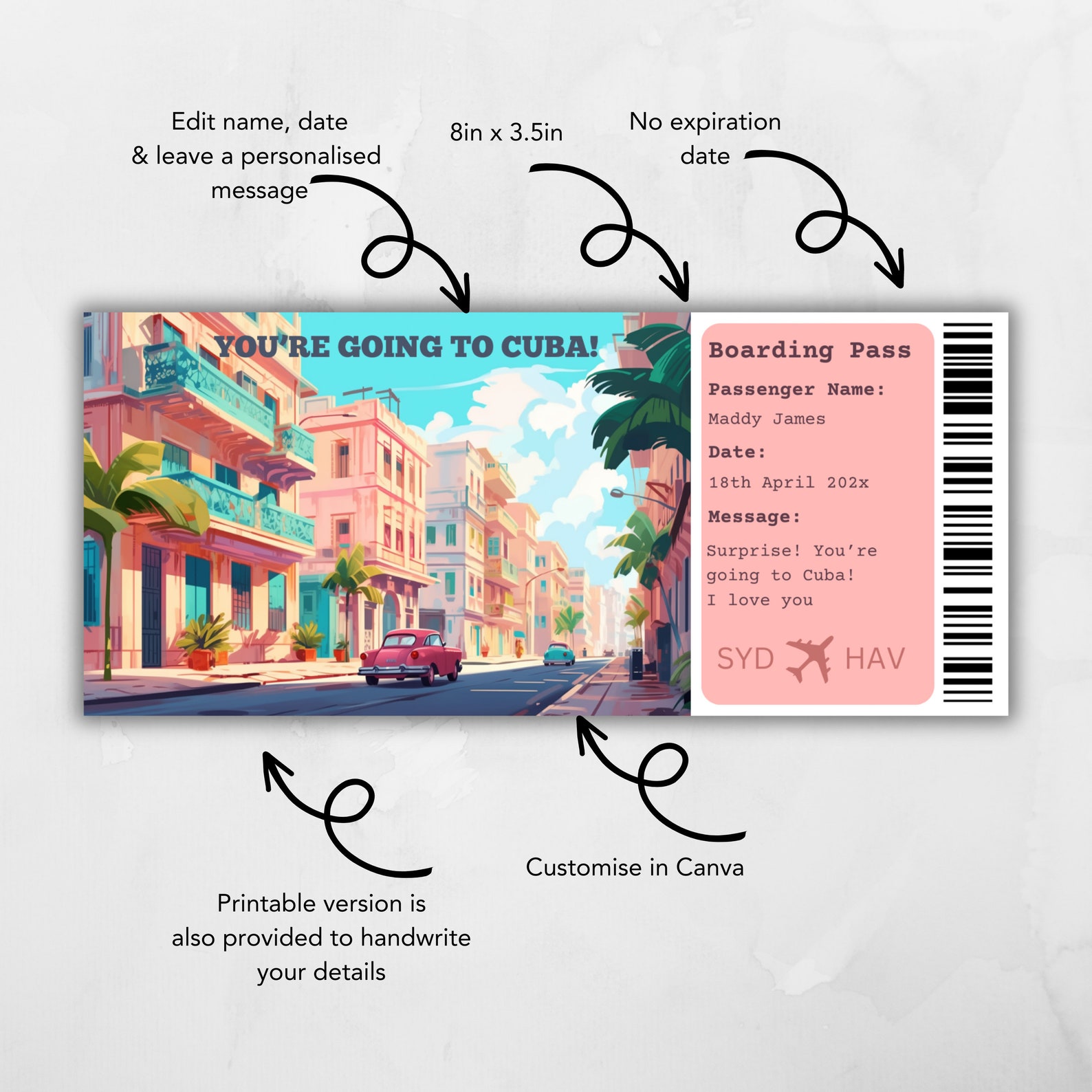 Boarding Pass Cuba, Surprise Trip to Cuba, Havana Trip, Flight Ticket ...
