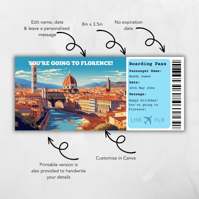 Boarding Pass Florence, Surprise Trip to Florence, Flight Ticket ...