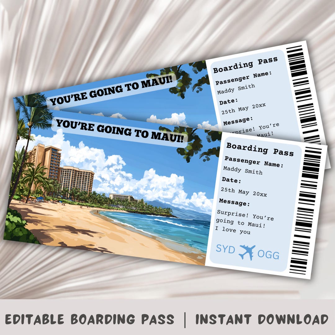 Boarding Pass Maui, Surprise Boarding Pass Template, Maui Trip ...