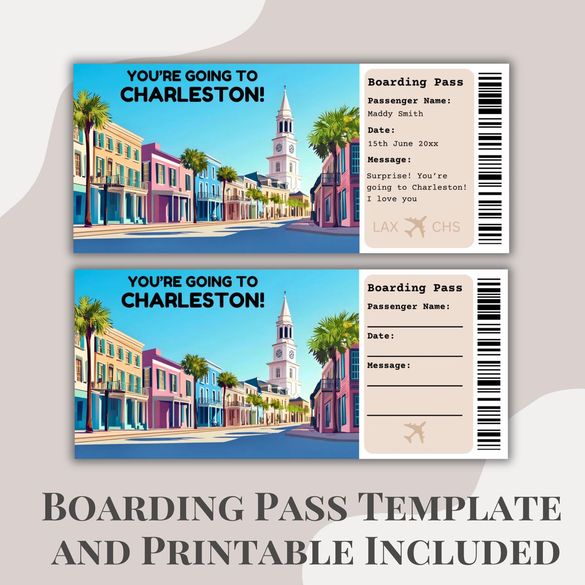 Boarding Pass Charleston, Surprise Trip South Carolina, Surprise ...