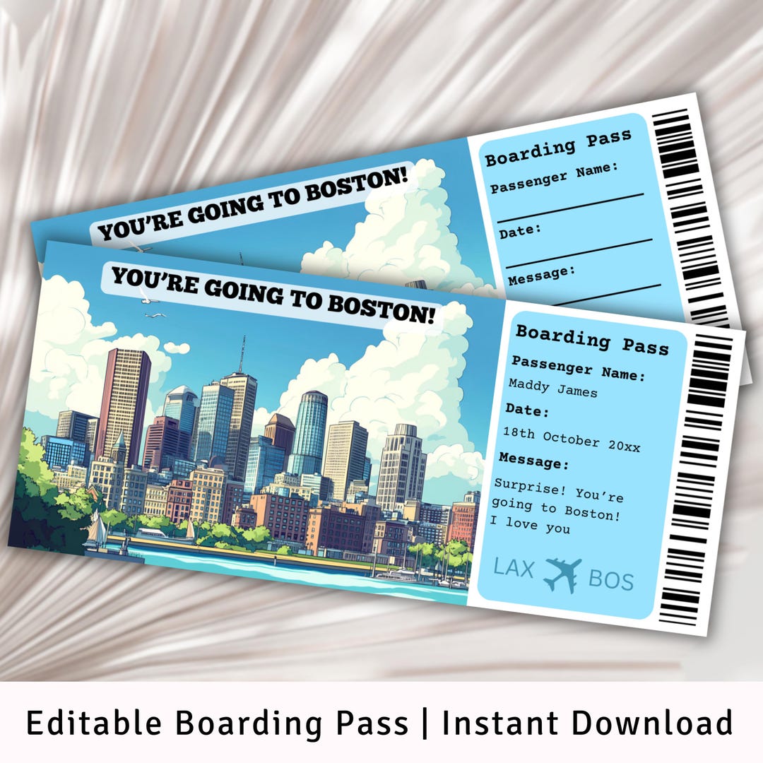 Boarding Pass Boston, Surprise Boston Ticket Template, Boston Trip ...