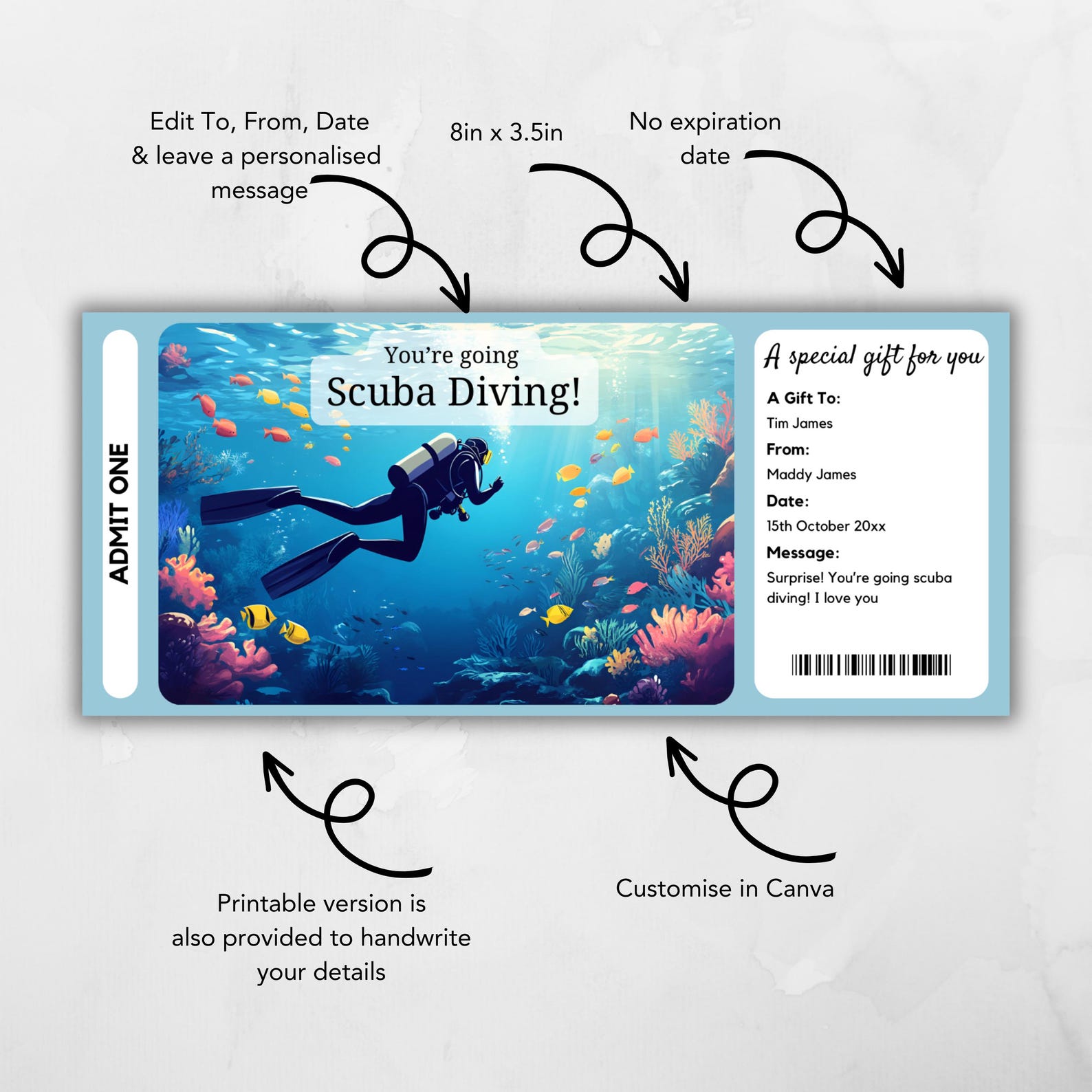 Scuba Diving Gift Ticket, Scuba Diving Voucher, Surprise Ticket Reveal ...