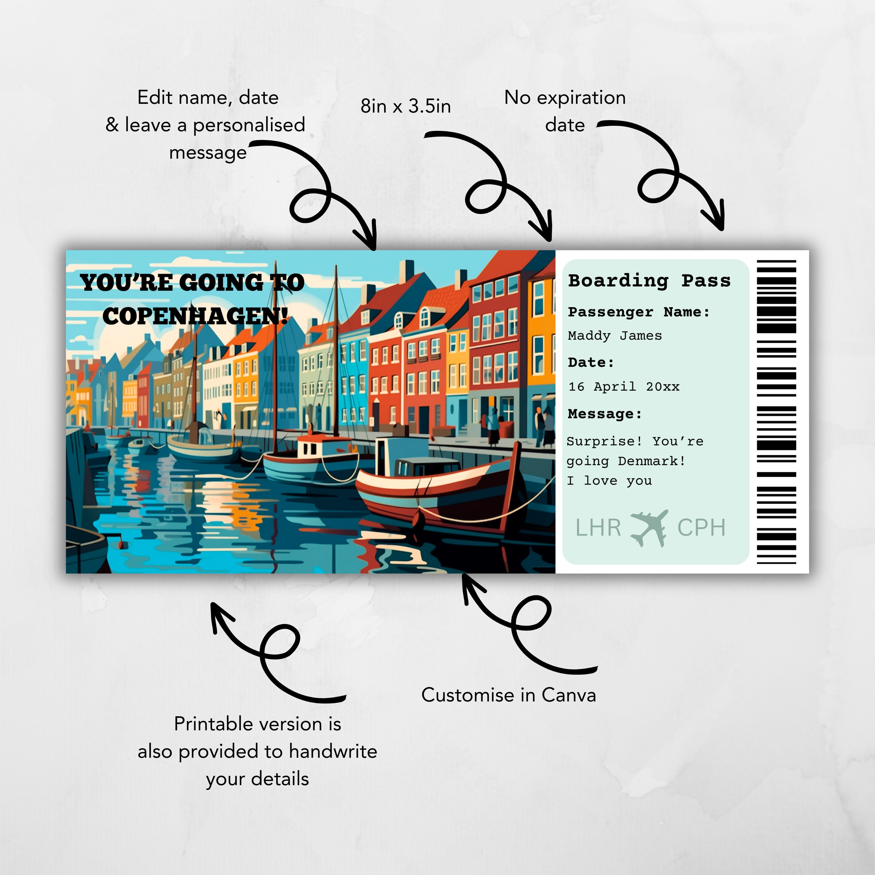 Boarding Pass Copenhagen, Surprise Boarding Pass Template, Denmark Trip ...