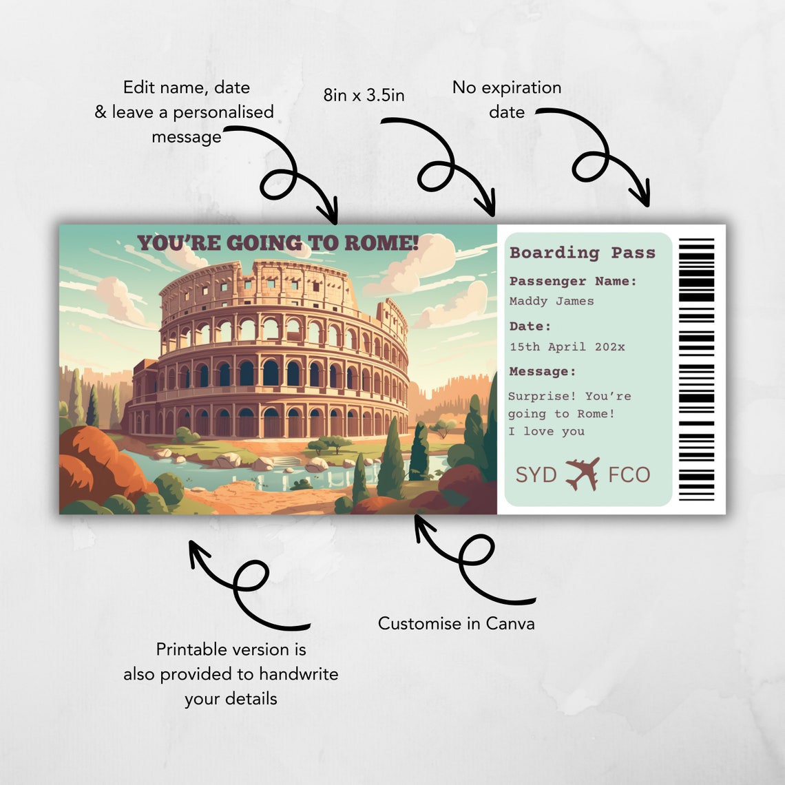Boarding Pass Rome, Surprise Trip to Rome, Surprise Boarding Pass ...