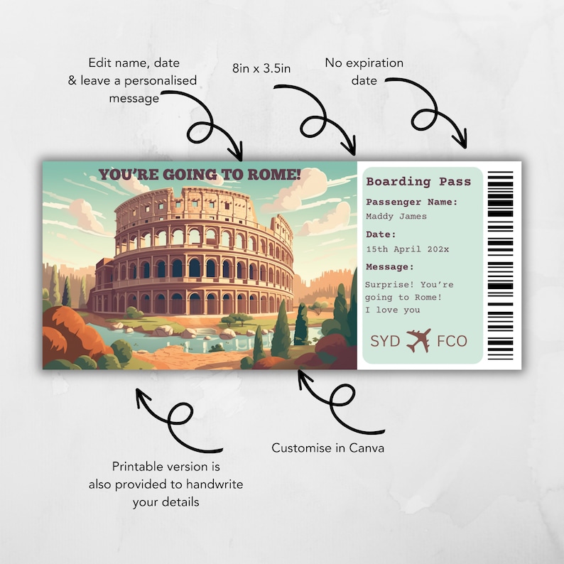 Boarding Pass Rome, Surprise Trip to Rome, Surprise Boarding Pass ...