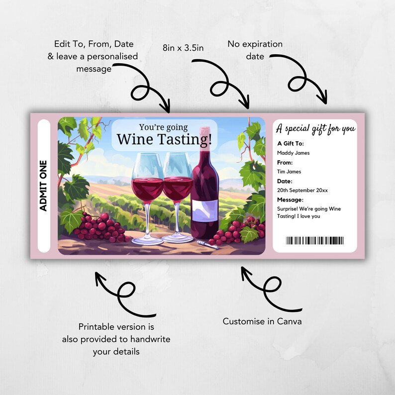 Wine Tasting Gift Ticket, Wine Tasting Gift Voucher, Surprise Ticket Reveal, Surprise Ticket ...