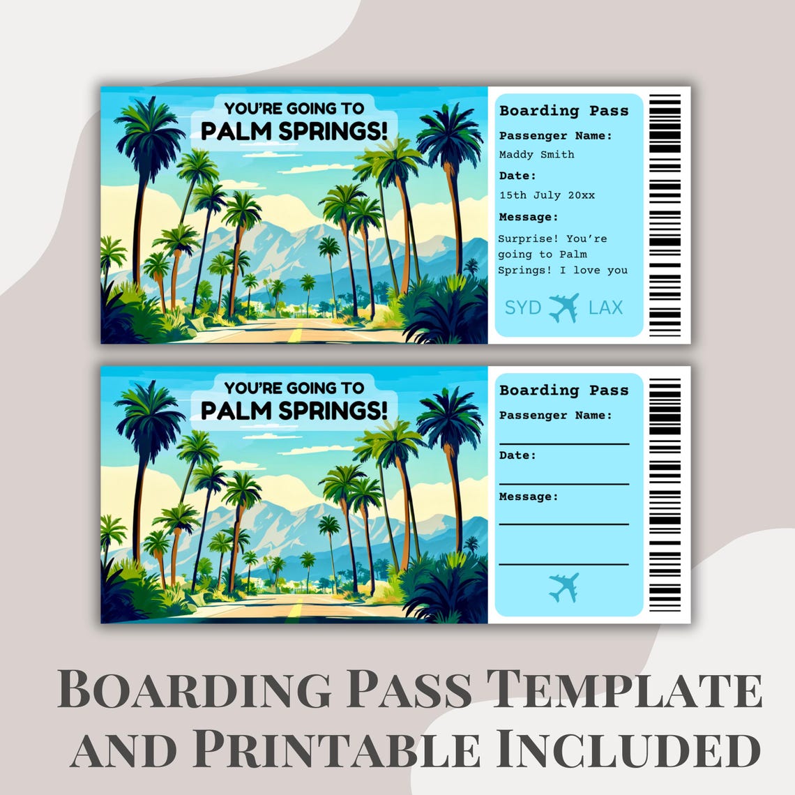 Palm Springs Surprise Trip Boarding Pass – Editable Printable Ticket ...