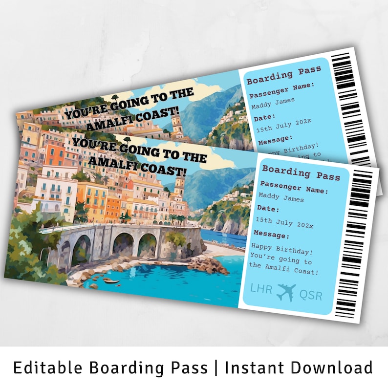 Boarding Pass Amalfi Coast, Surprise Trip to Italy, Flight Ticket ...