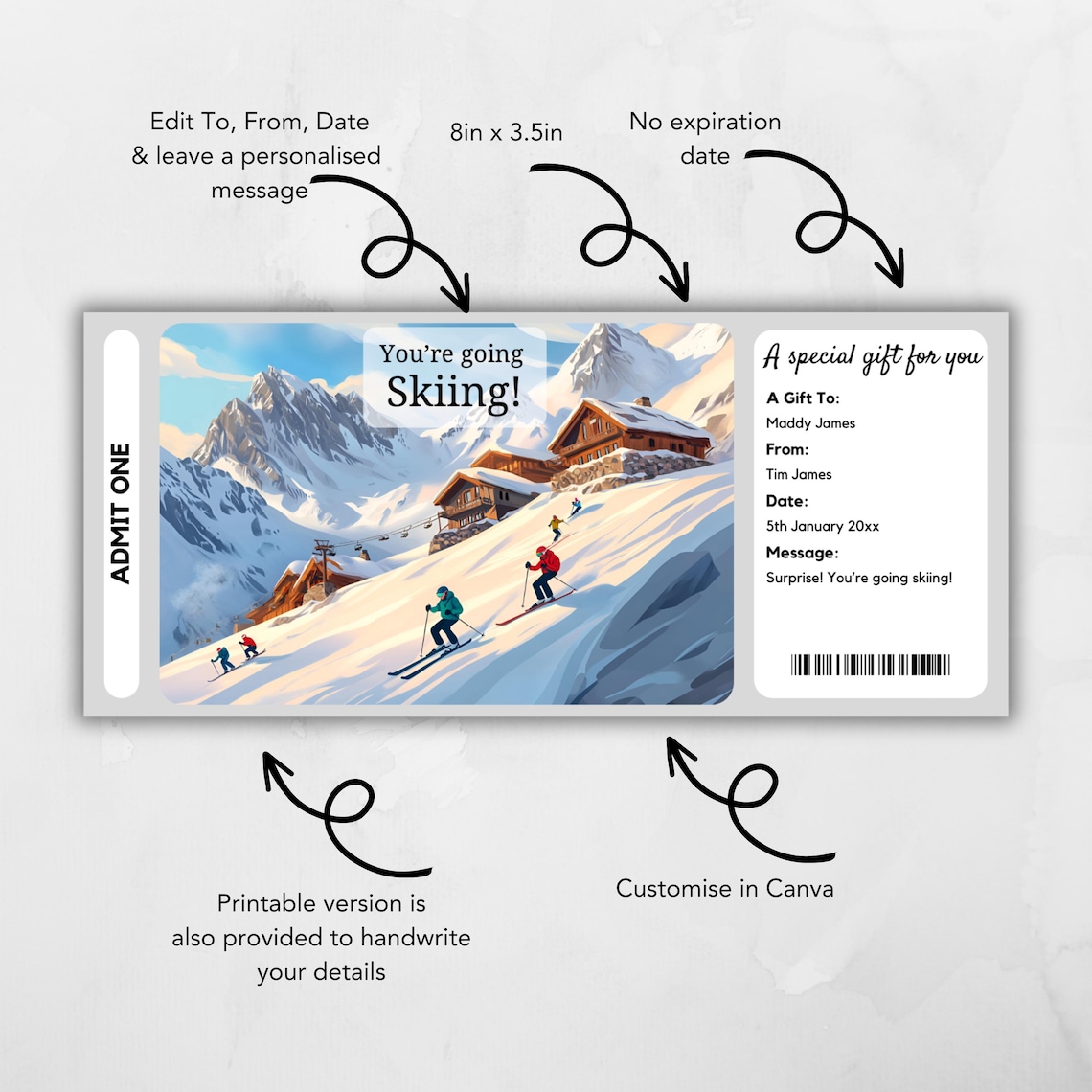 Skiing Gift Ticket, Snow Trip Voucher, Surprise Ticket Reveal, Surprise ...