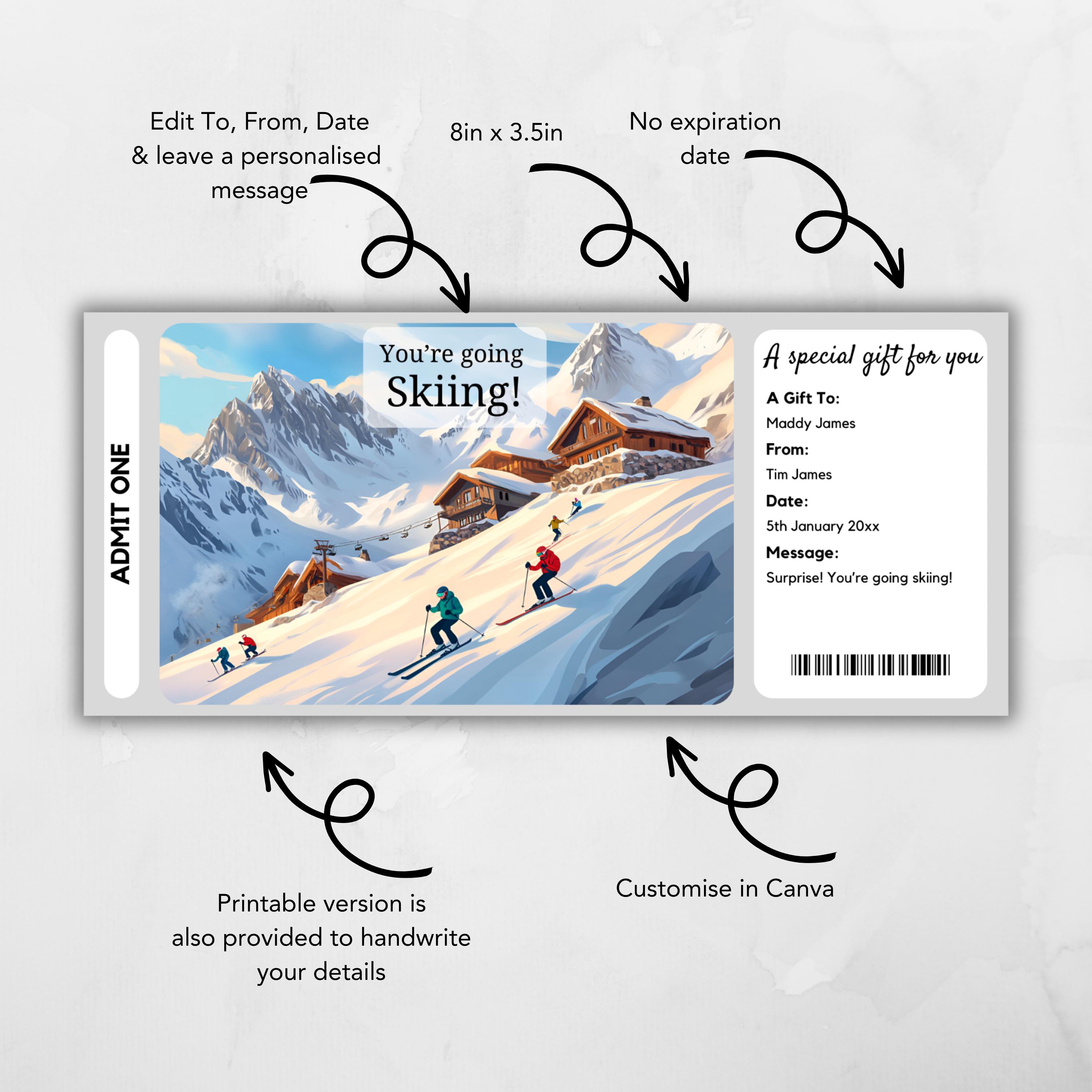 Skiing Gift Ticket, Snow Trip Voucher, Surprise Ticket Reveal, Surprise ...