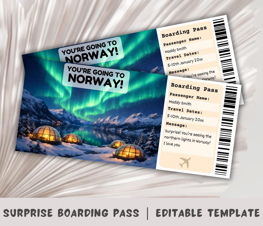 Northern Lights Norway Trip Surprise Boarding Pass: Editable Travel ...