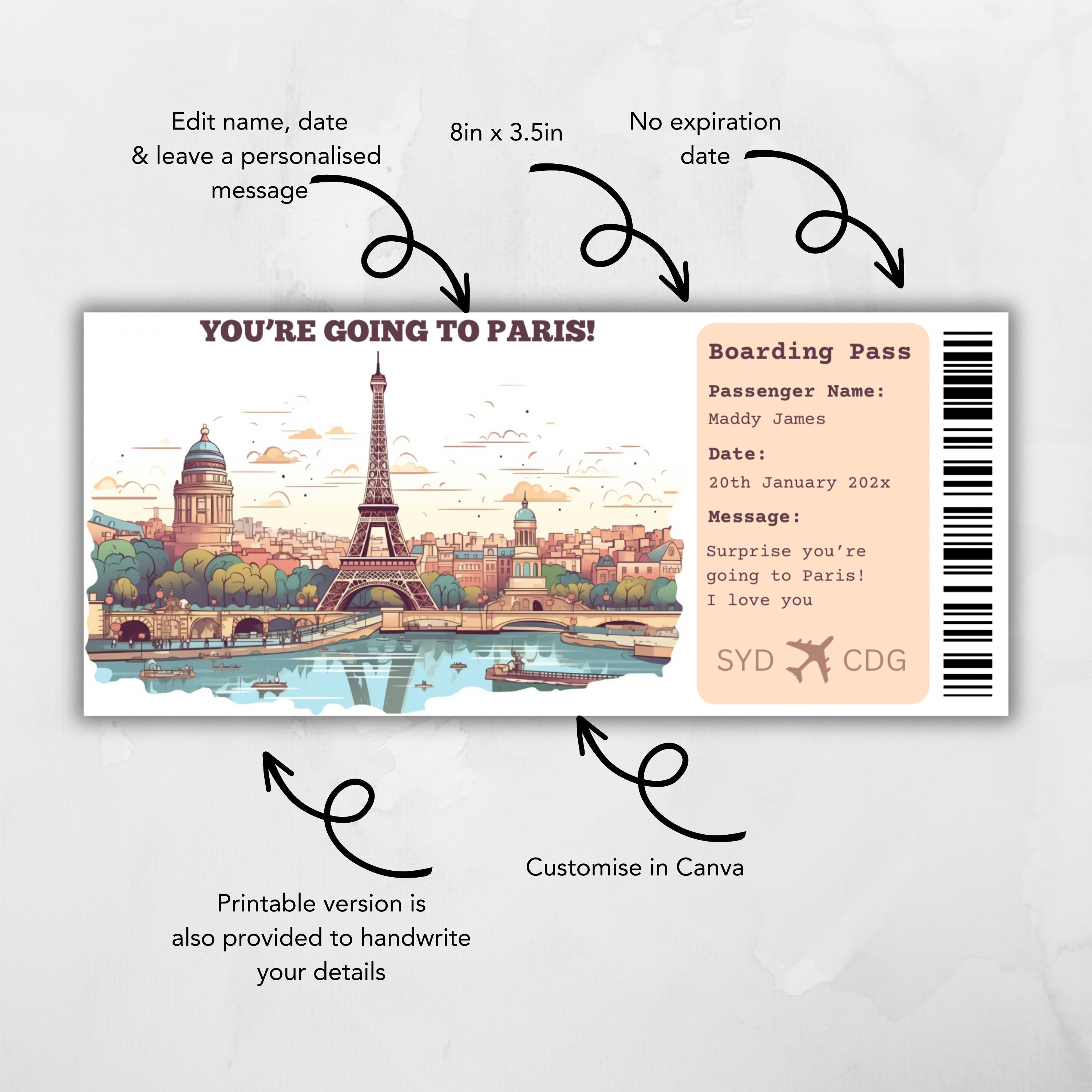 Boarding Pass Paris, Surprise Trip to Paris, Surprise Boarding Pass ...