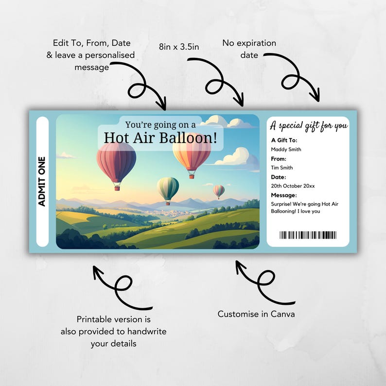Hot Air Balloon Gift Ticket, Hot Air Ballooning Voucher, Surprise ...