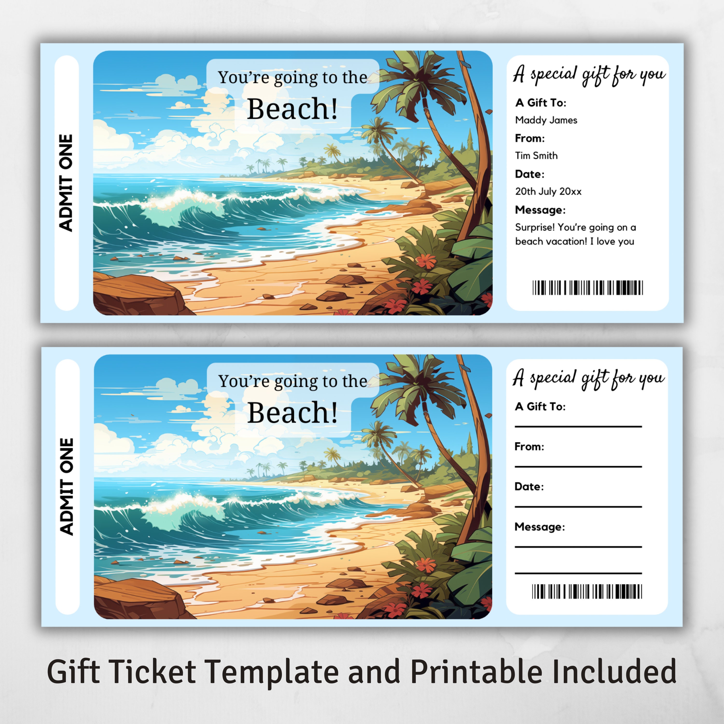 Beach Gift Ticket, Surprise Trip Gift Voucher, Surprise Ticket Reveal ...