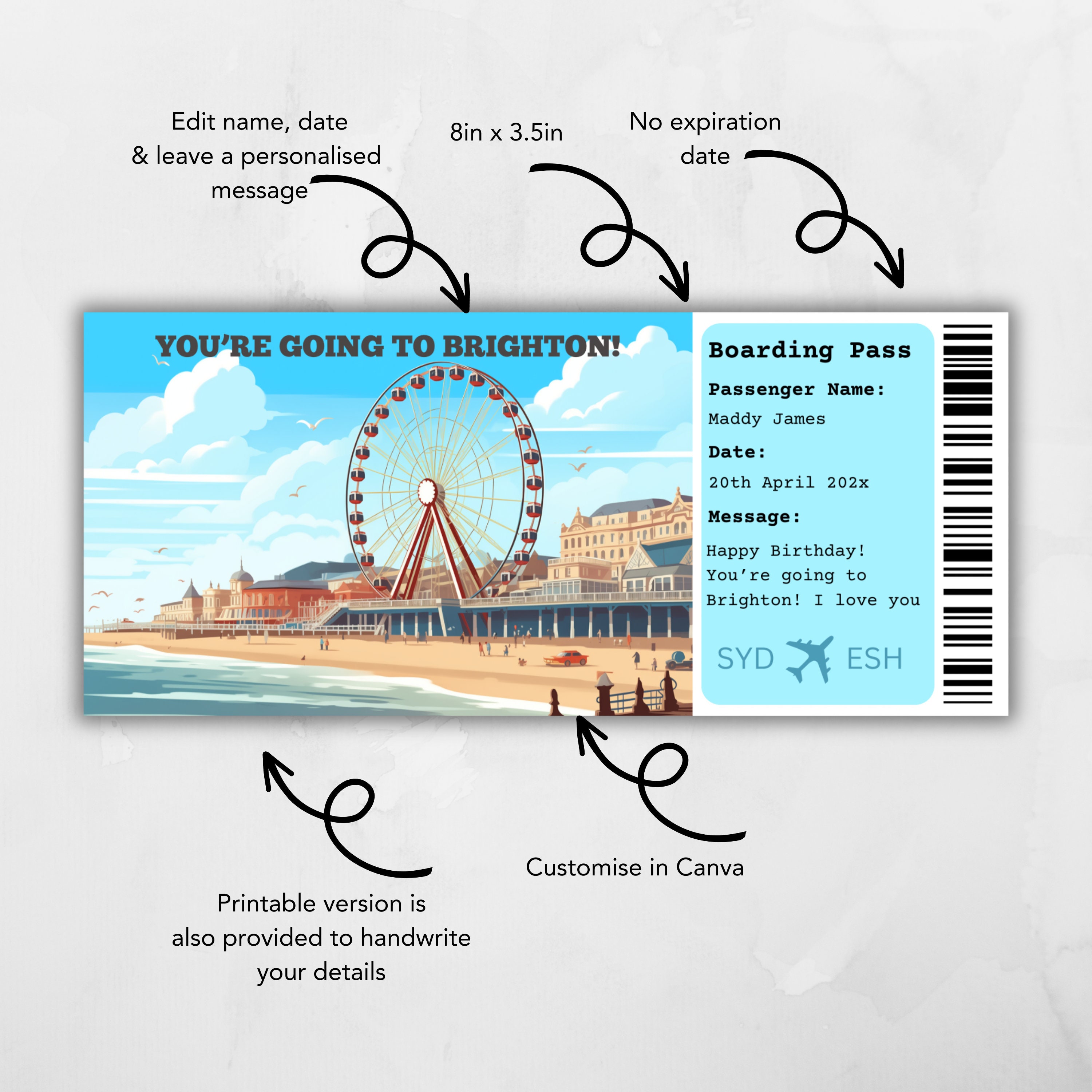 Boarding Pass Brighton, Surprise Trip to Brighton, Flight Ticket ...