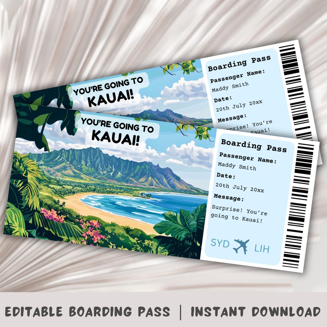 Boarding Pass Kauai, Surprise Trip to Hawaii, Surprise Boarding Pass ...