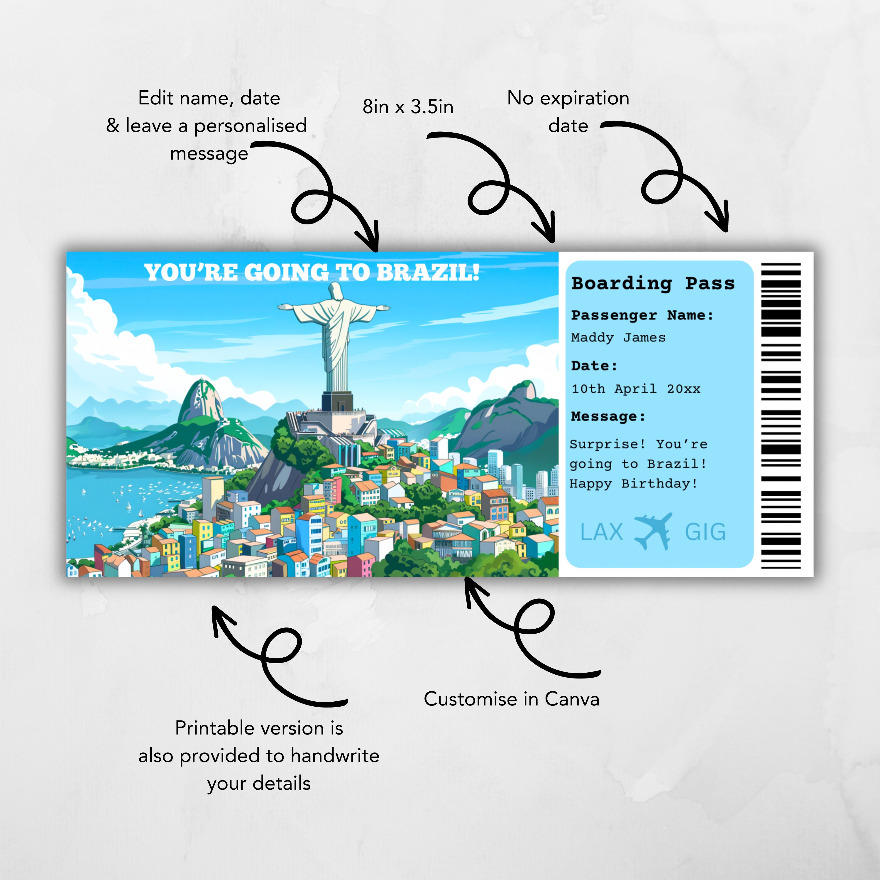 Boarding Pass Brazil, Surprise Boarding Pass Template, Brazil Trip ...