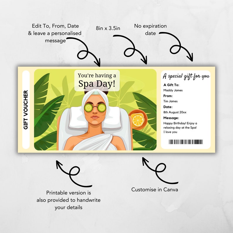 Spa Day Gift Voucher, Spa Gift Ticket Template, Surprise Ticket Reveal ...
