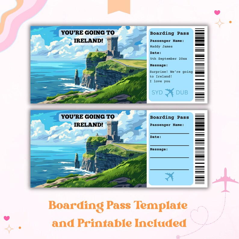 Boarding Pass Ireland, Surprise Boarding Pass Template, Ireland Trip ...