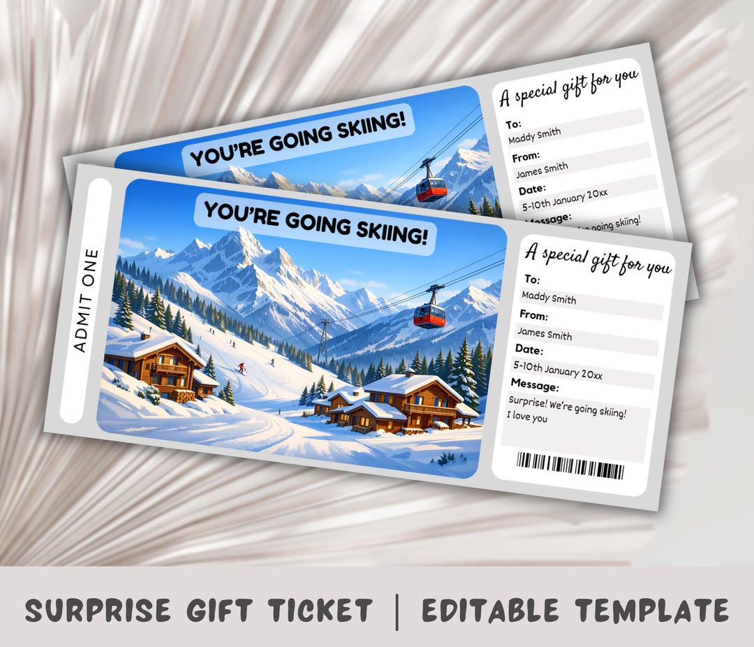 Editable Skiing Gift Ticket: Surprise Reveal Template (digital Download ...