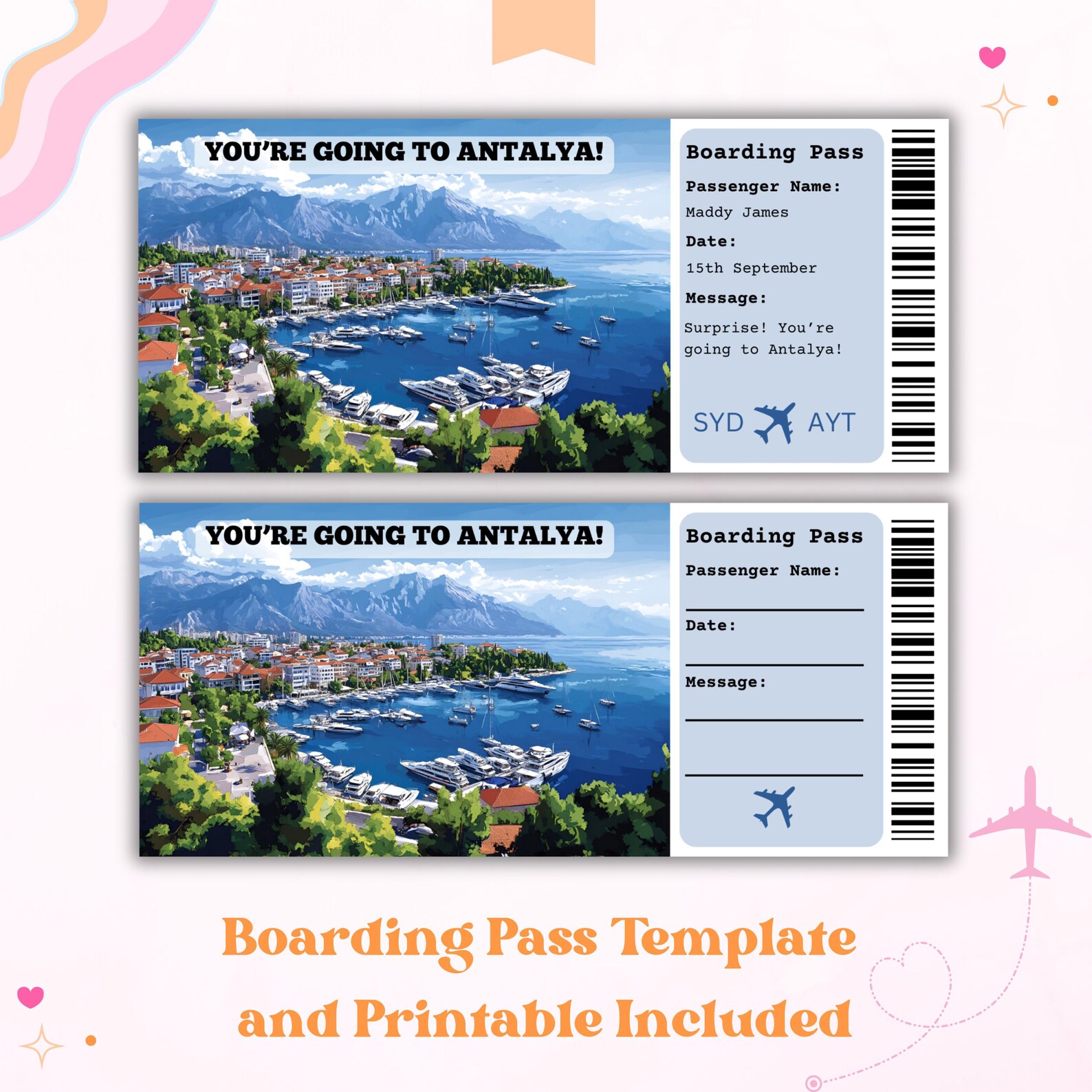 Boarding Pass Antalya, Surprise Boarding Pass Template, Antalya Trip ...