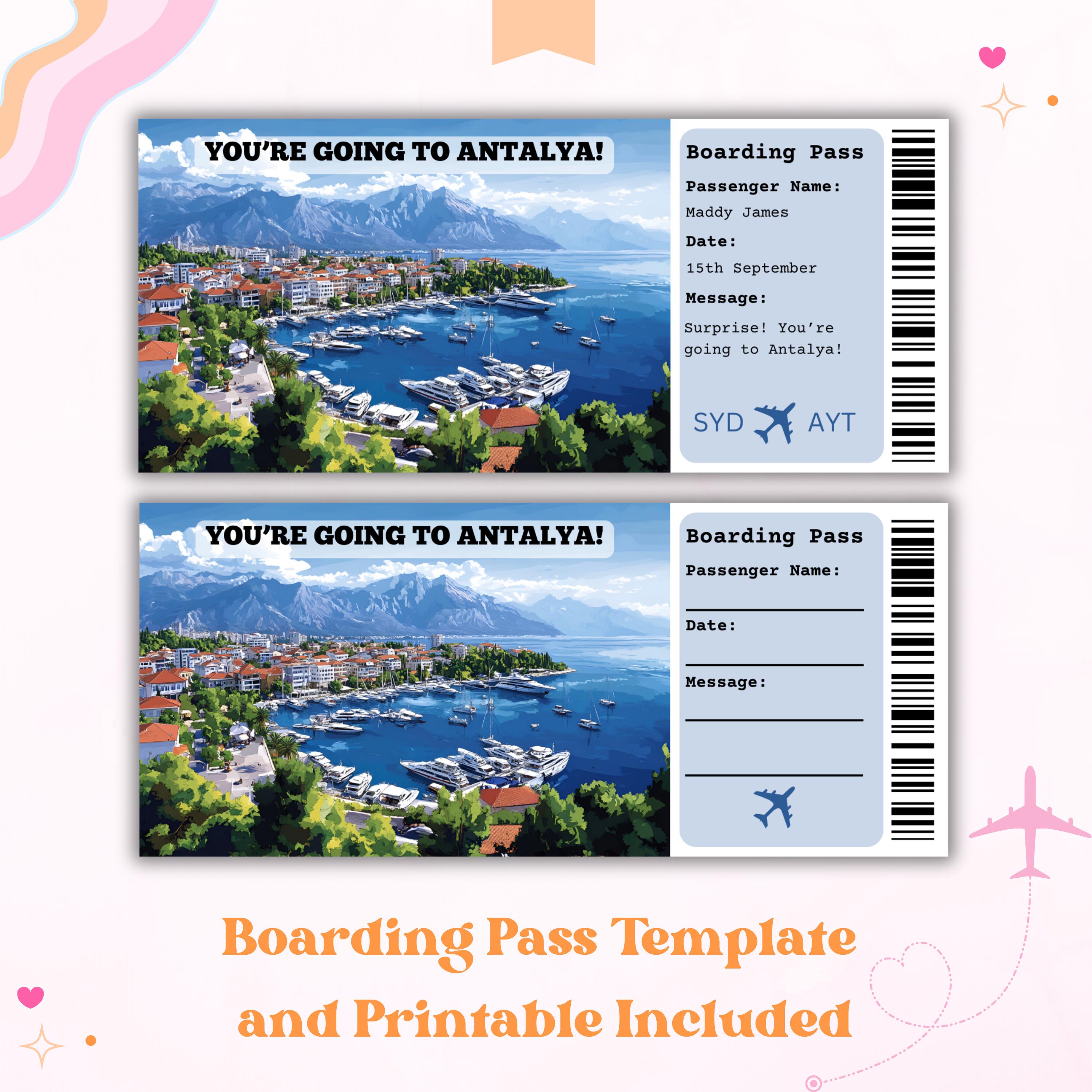 Boarding Pass Antalya, Surprise Boarding Pass Template, Antalya Trip ...