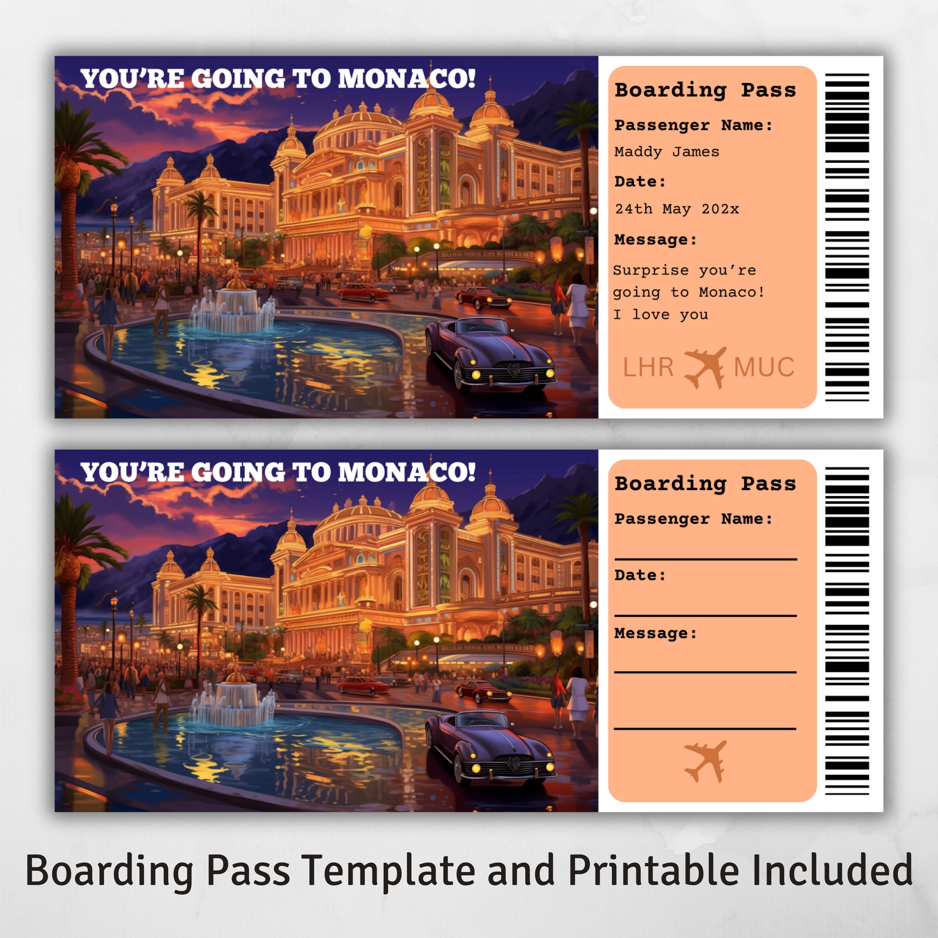 Boarding Pass Monaco, Surprise Trip to Monaco, Surprise Boarding Pass ...