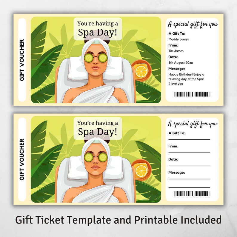 Spa Day Gift Voucher, Spa Gift Ticket Template, Surprise Ticket Reveal ...