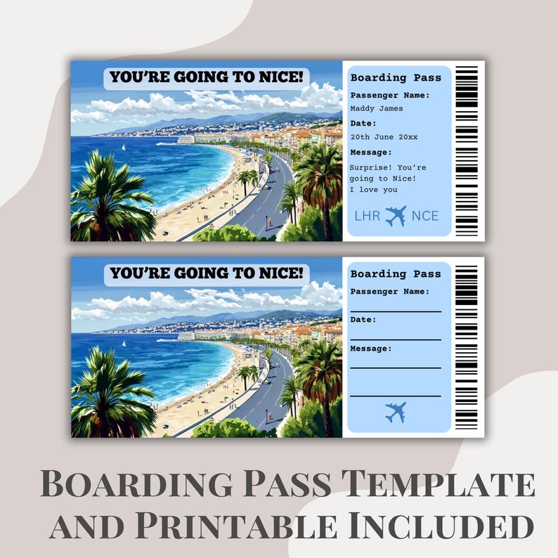 Boarding Pass Nice, Surprise Trip to Nice, Surprise Boarding Template ...