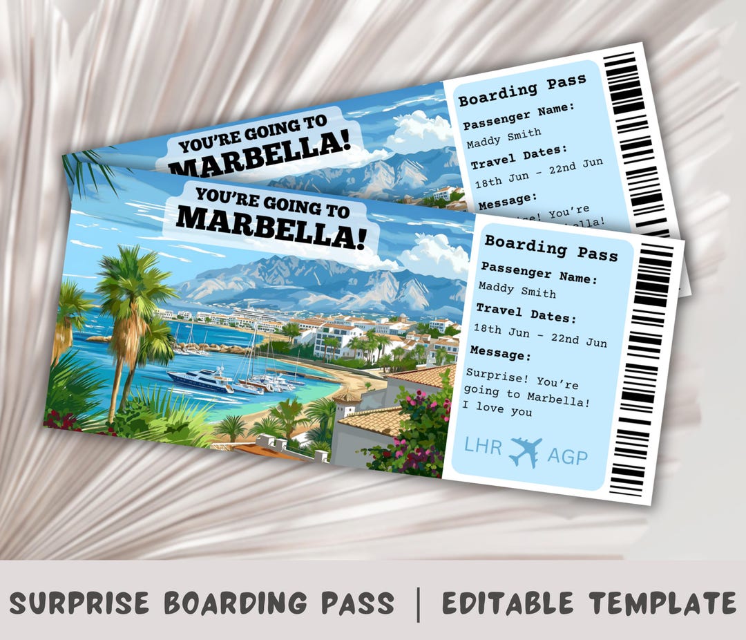 Boarding Pass Marbella, Surprise Boarding Pass Template, You're Going ...