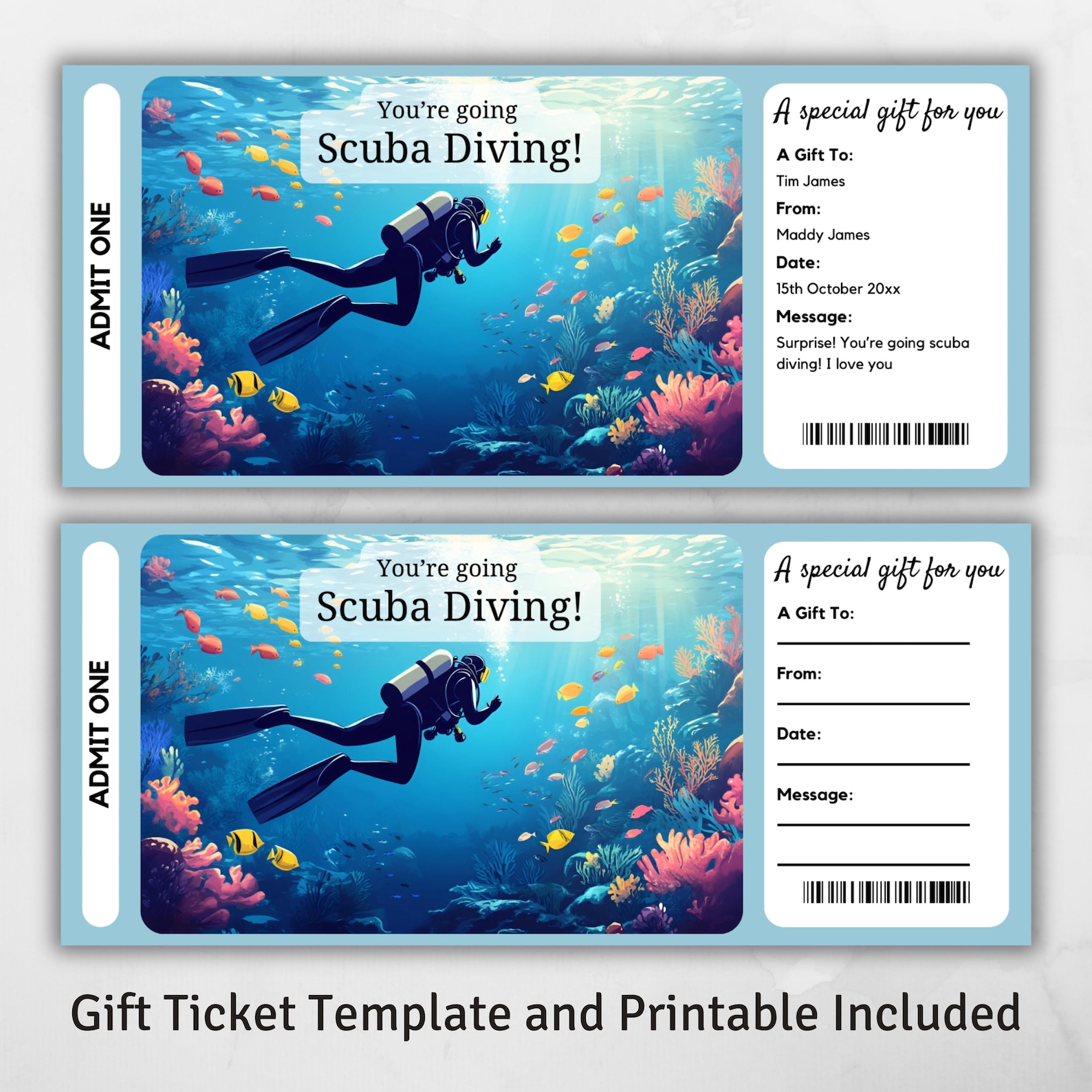 Scuba Diving Gift Ticket, Scuba Diving Voucher, Surprise Ticket Reveal ...