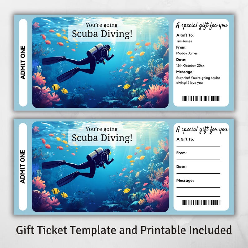 Scuba Diving Gift Ticket, Scuba Diving Voucher, Surprise Ticket Reveal ...