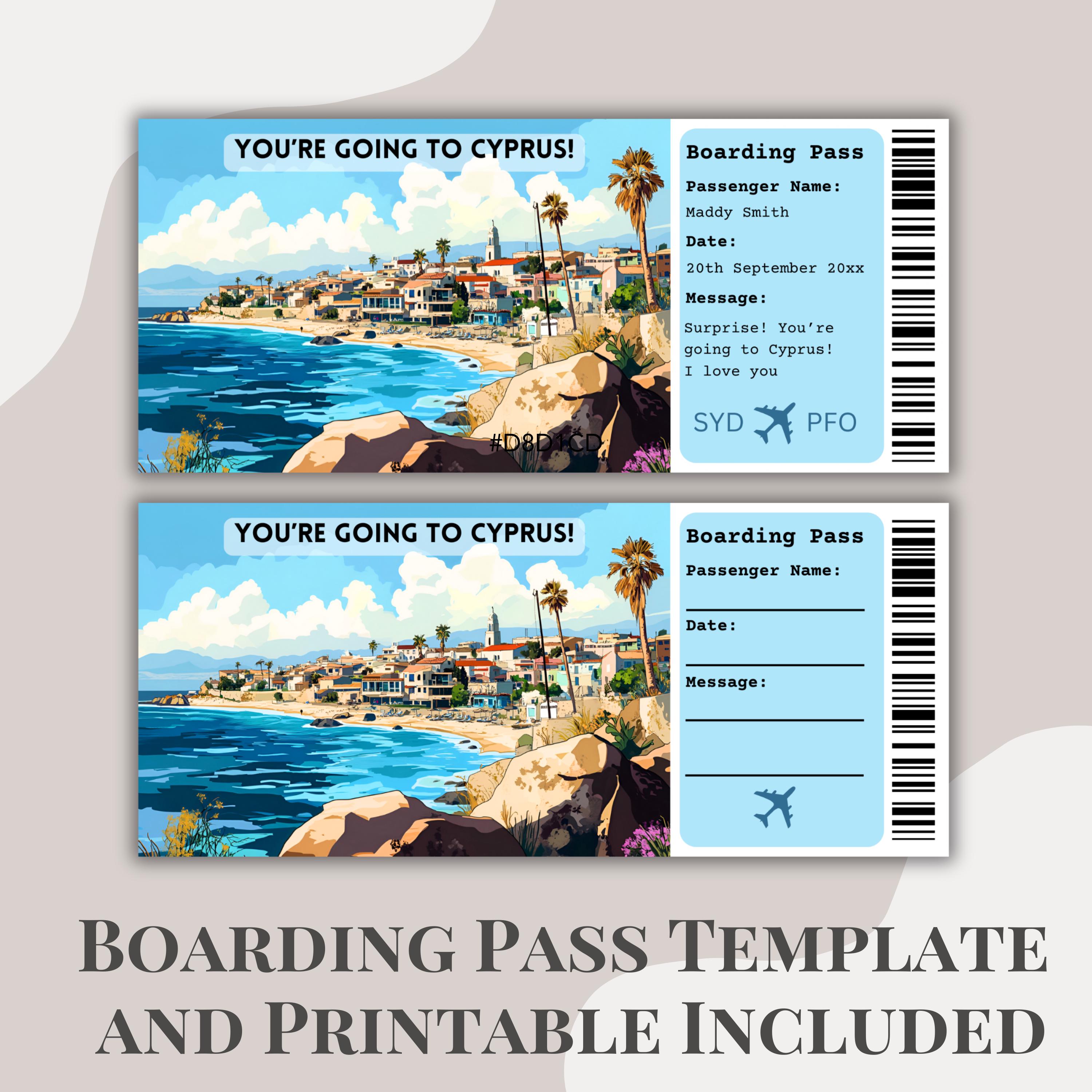 Boarding Pass Cyprus, Surprise Boarding Pass Template, Cyprus Trip ...