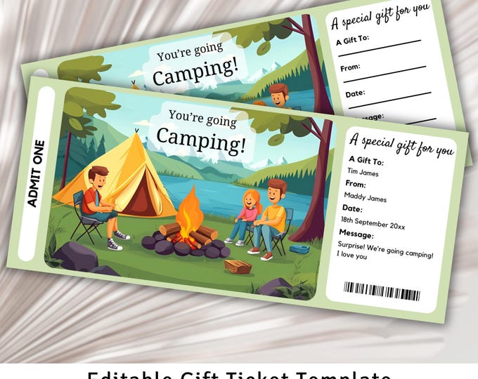 CAMPING TRIP Surprise Gift Reveal Ticket, Customizable (digital ...