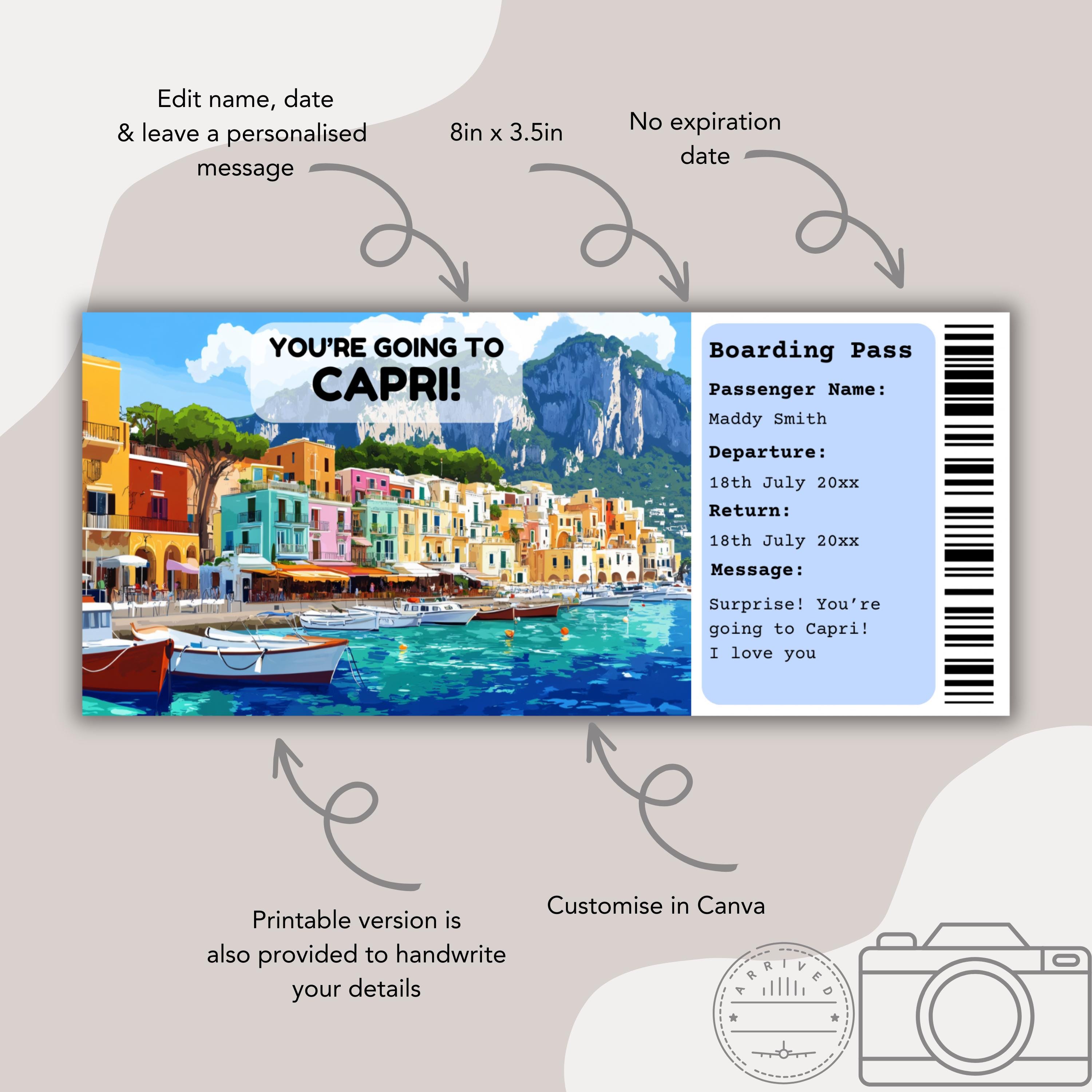 Boarding Pass Capri, Surprise Trip to Capri, Ticket Template, You're ...