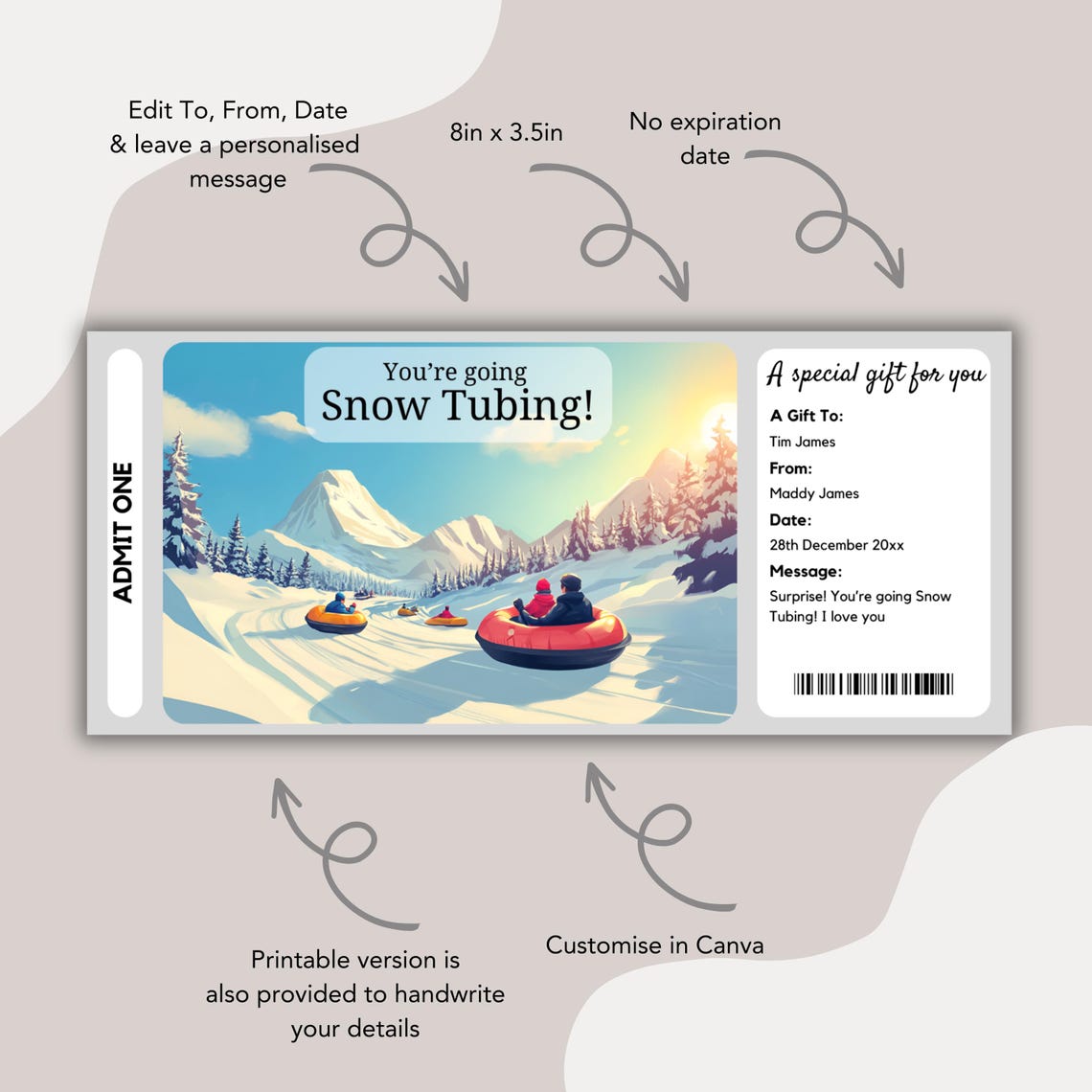 Snow Tubing Gift Ticket, Snow Trip Voucher, Surprise Ticket Reveal ...