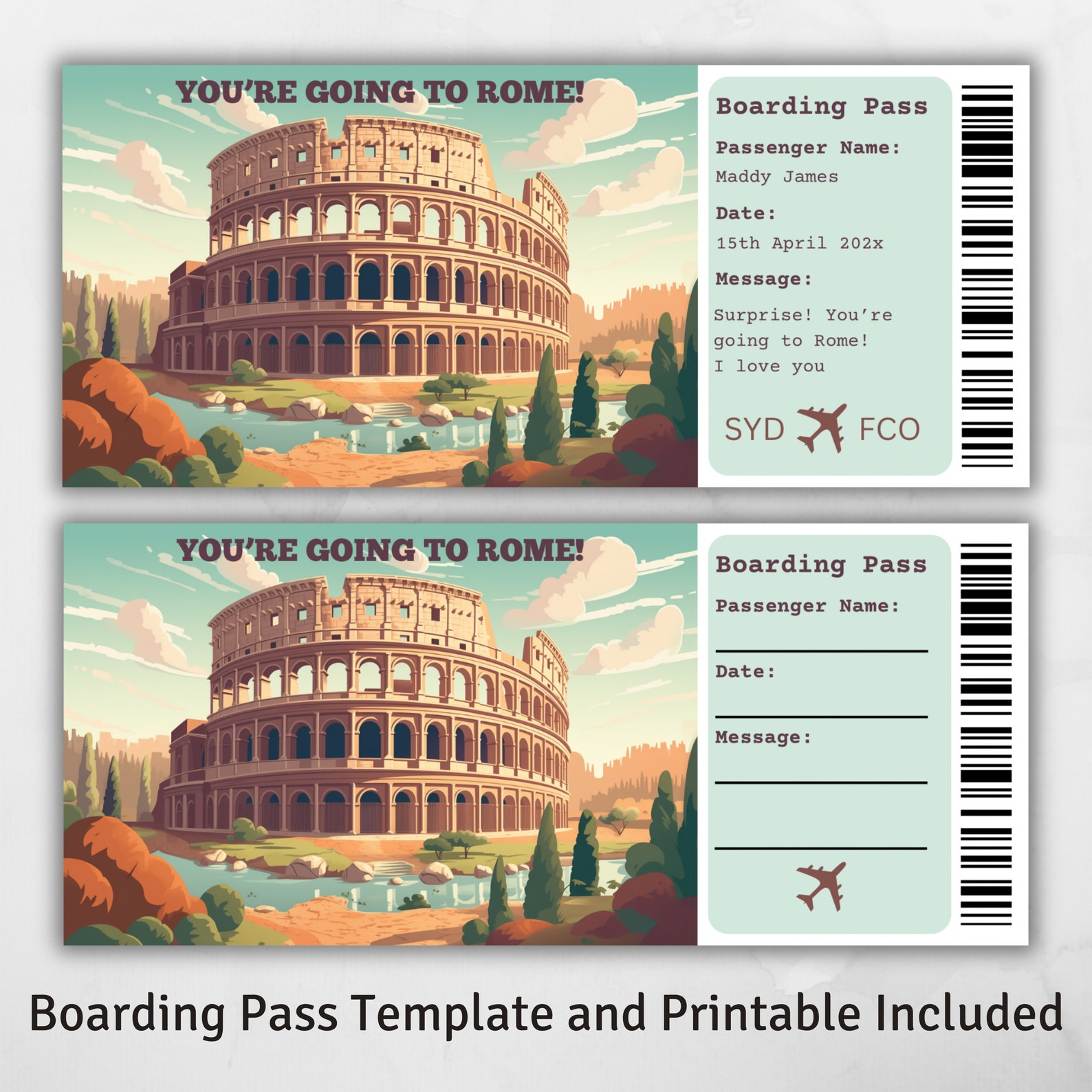 Boarding Pass Rome, Surprise Trip to Rome, Surprise Boarding Pass ...