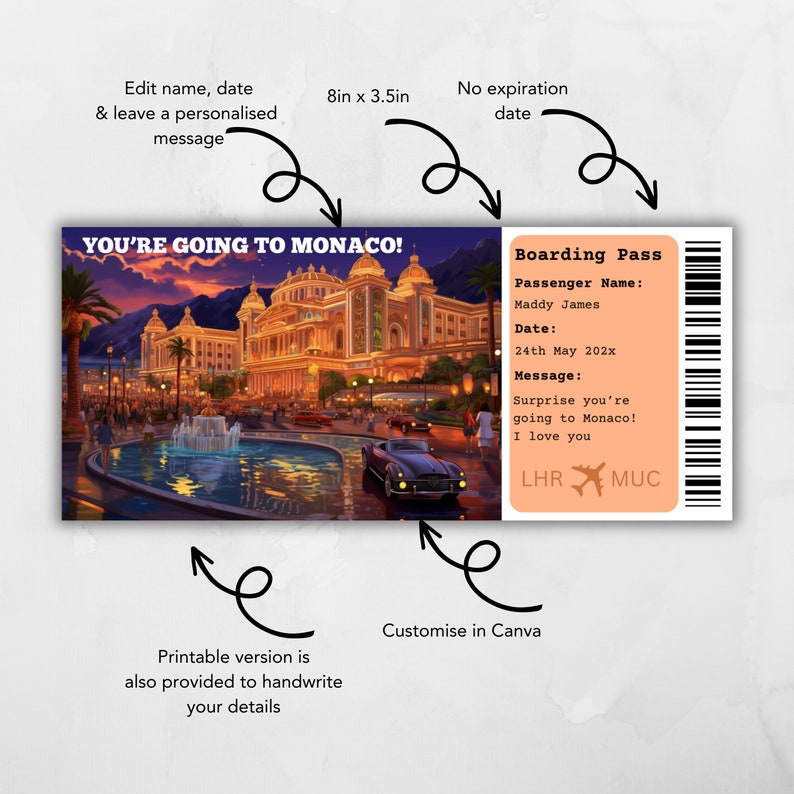 Boarding Pass Monaco, Surprise Trip to Monaco, Surprise Boarding Pass ...
